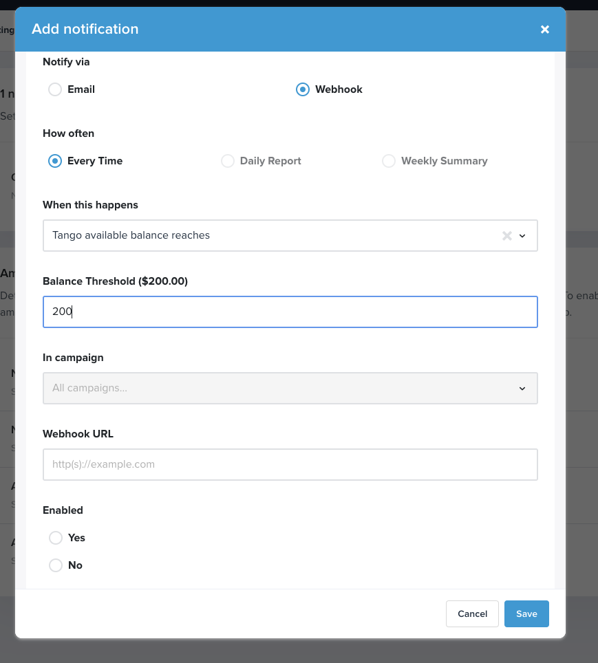 How to setup a low balance notification for Tango funds